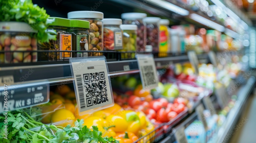 QR Codes for Easy Shopping at a Modern Grocery Store. Generative ai ...