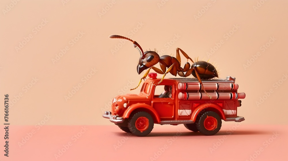 Industrious Ant Driving Mini Fire Truck on Soft Peach Backdrop Stock ...