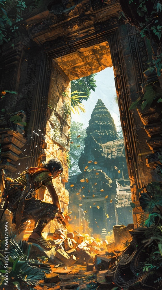 Create a dynamic side view illustration of a treasure hunter digging ...