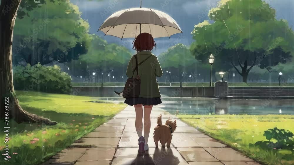 Lofi seamless looping animation. Anime girl holding an umbrella walks ...