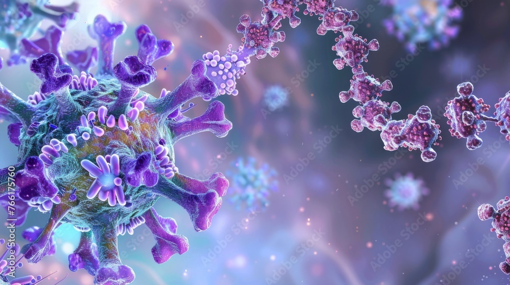 An illustrative close-up view of allergen particles interacting with ...