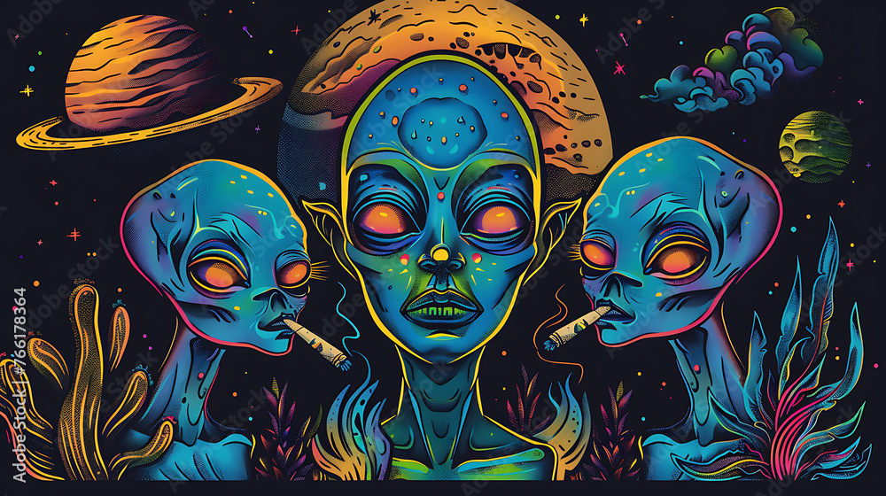 aliens in a psychedelic planet smoking a joint t shirt design, black ...