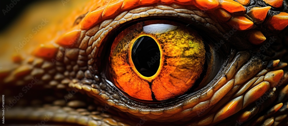 A closeup of a scaled reptiles eye with a black pupil, resembling an ...