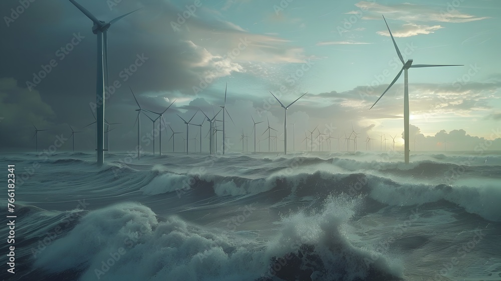 Dramatic Wind Farm at Sea with Towering Turbines Defying the Stormy ...