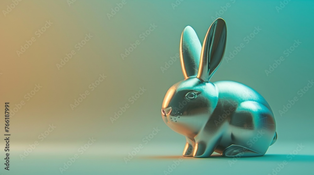 Metallic bunny bank reflects light, symbolizes growth, spring morning ...