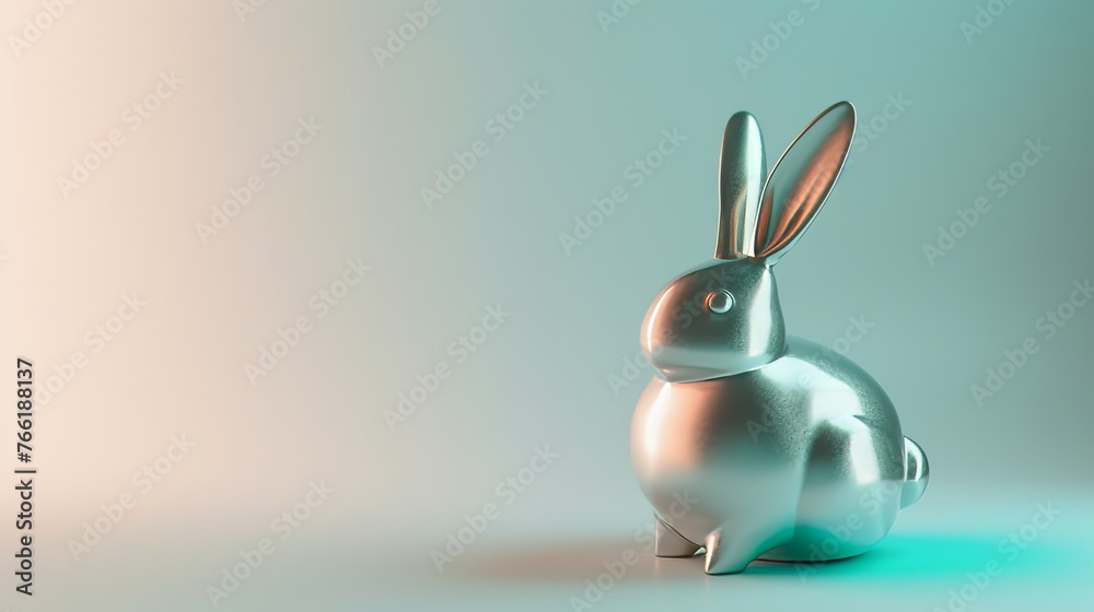 Metallic bunny bank reflects light, symbolizes growth, spring morning ...