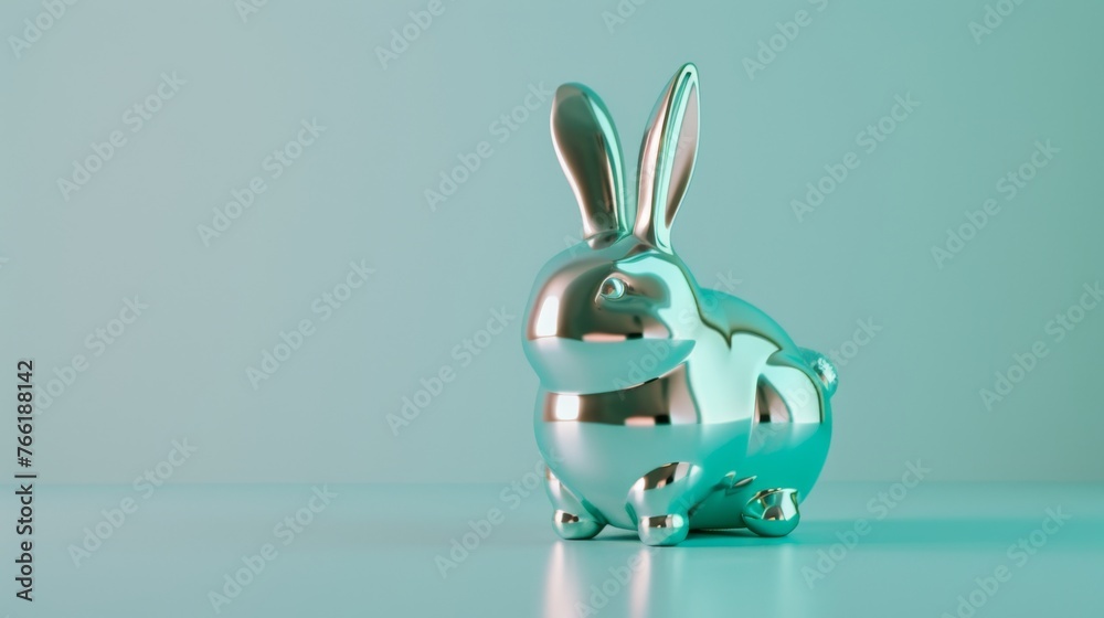 Metallic bunny bank reflects light, symbolizes growth, spring morning ...
