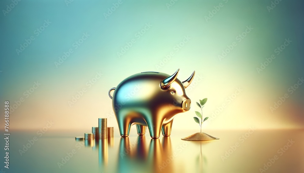 Piggy bank shaped like a bull, gold color, on shiny surface. Gold bull ...