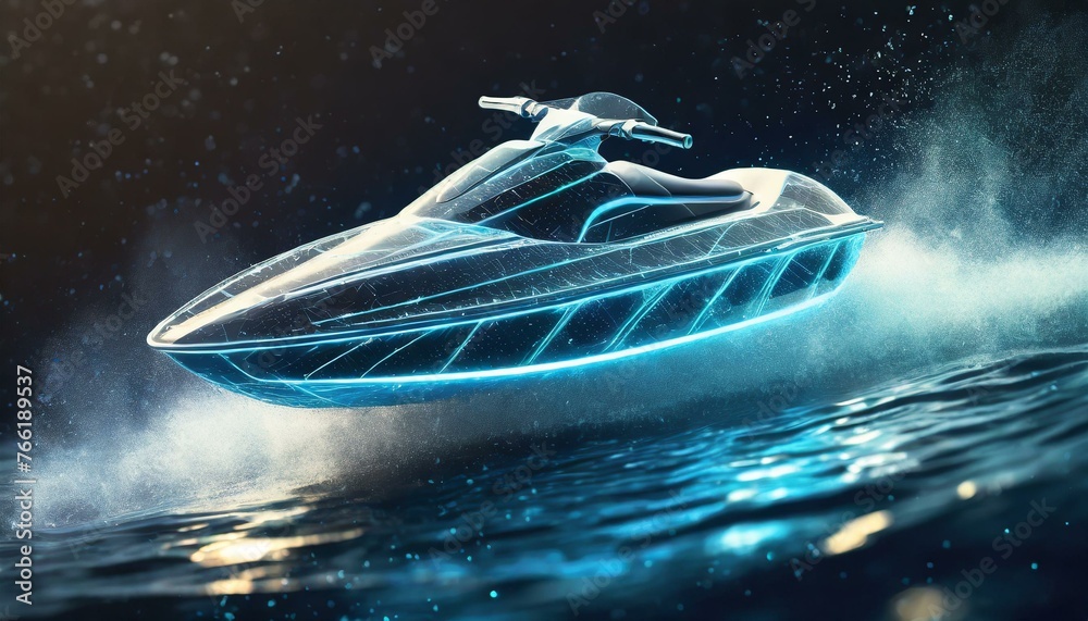 Futuristic jet ski in on the water at night. Boat on the ocean in space ...