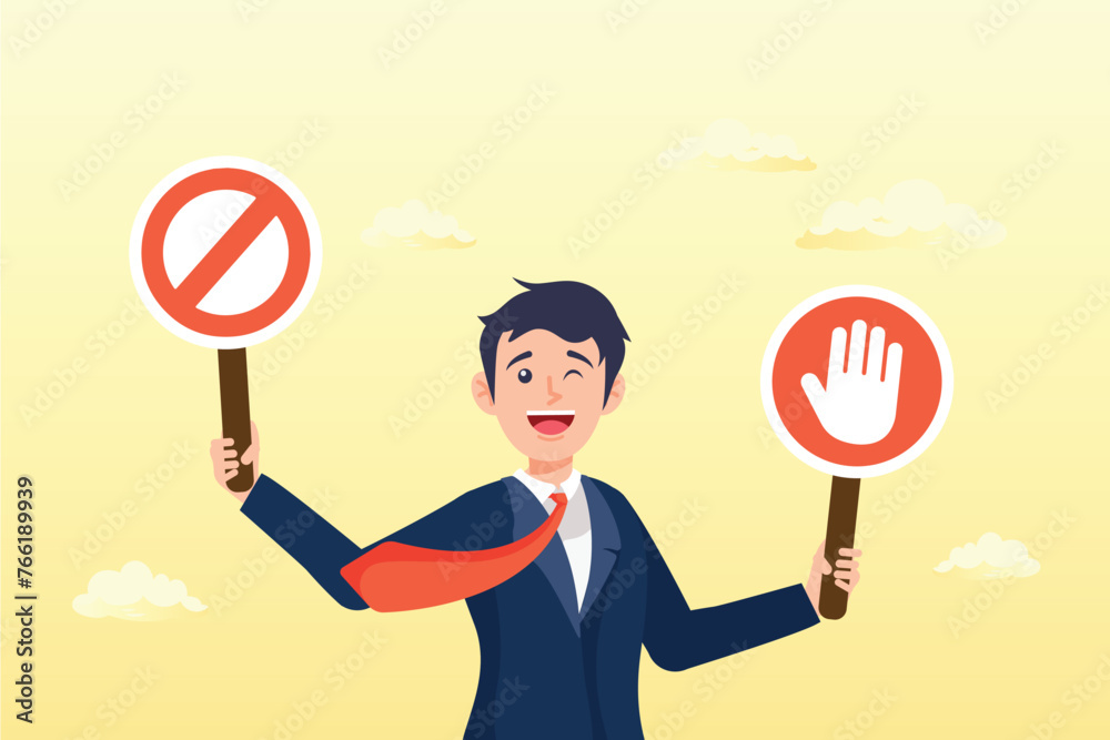 Businessman holding forbidden crossed and stop sign, forbidden ...