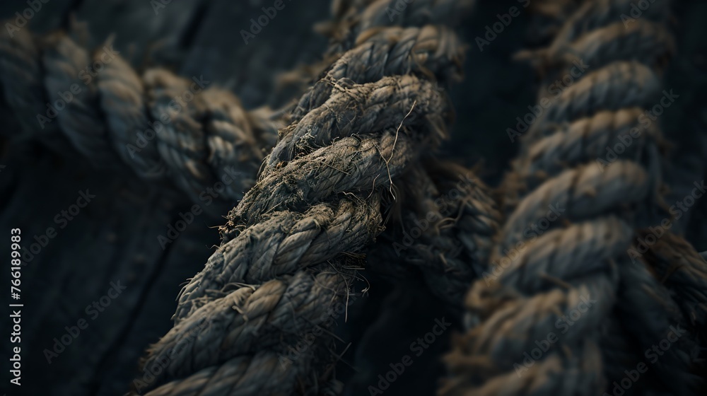 Close-up view of a twisted rope texture in a dark setting. High detail ...