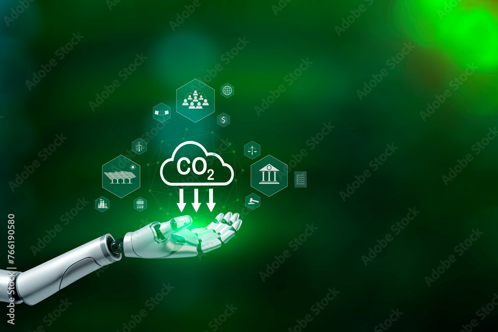 Carbon icon on robot hand for Green energy concept, Reduction of carbon ...