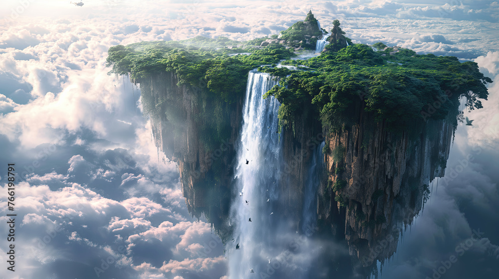 A gigantic waterfall cascading down from a floating island above, with ...