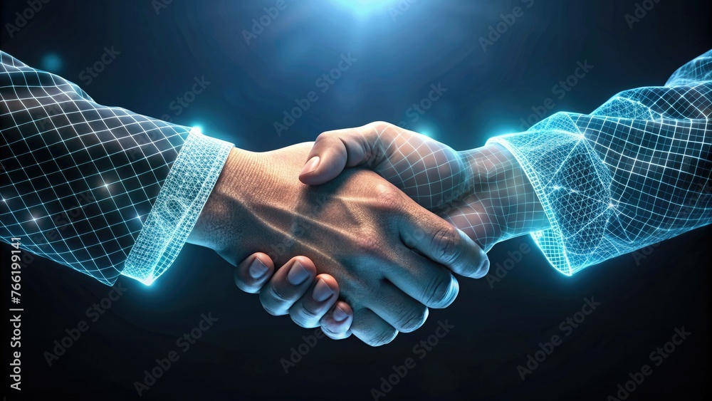 Digital handshake with wireframe design - Two hands engaging in a ...