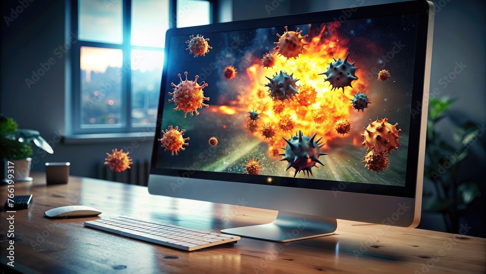 Explosive virus depiction on a home computer - The image shows a ...