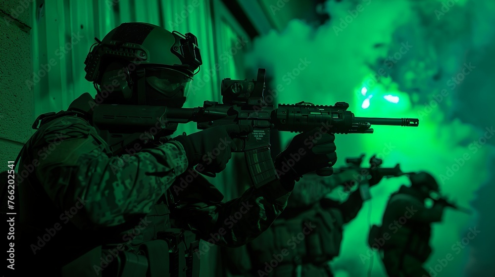 Night vision goggle footage of a SWAT team entering the building, smoke ...
