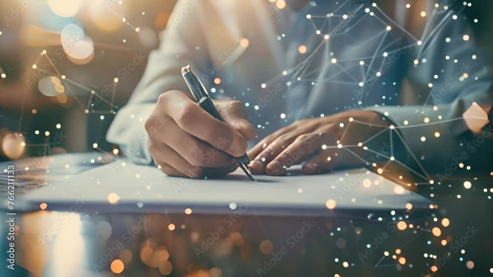 Person writing on piece of paper using pen. The pen moves across the ...