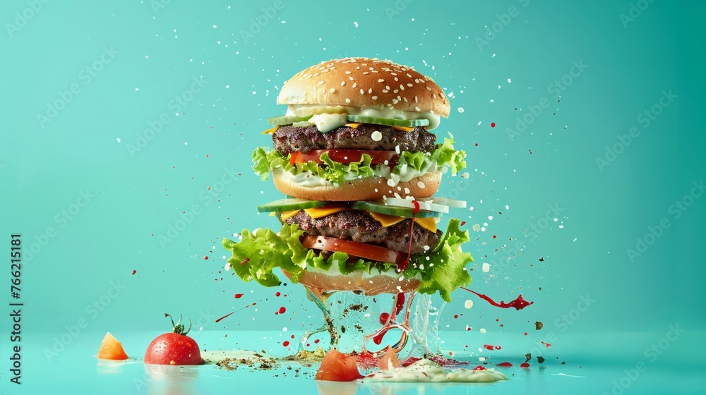 Surreal burger where even the bread layers melt, on a vibrant turquoise ...
