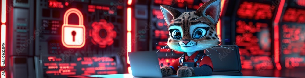 Animated cyber-security cat behind digital lock interface showcasing ...