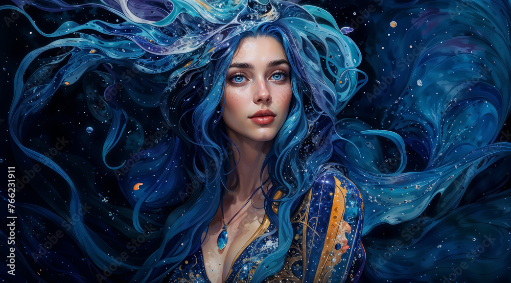 Mythical siren princess with blue eyes and alluring ethereal grace ...