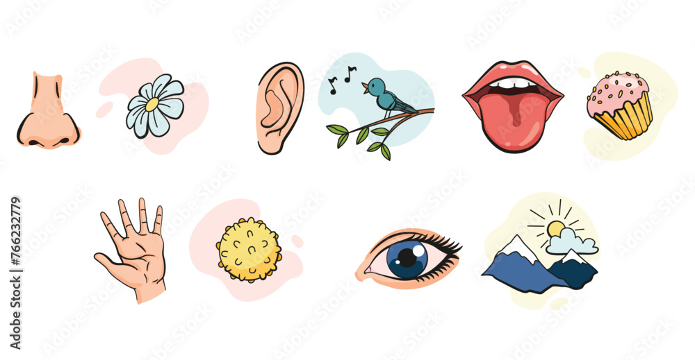 Cartoon sensory organs icons. Nose, ear, hand, tongue and eye. Five ...