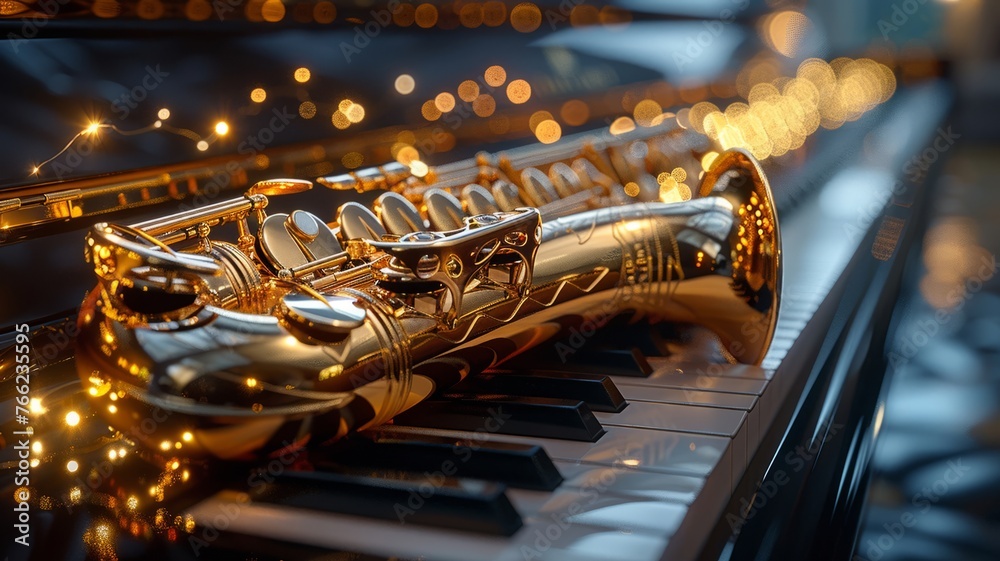 Golden saxophone lies on the ebony piano keys with a reflective surface ...