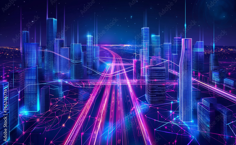 A futuristic cityscape with illuminated buildings and a digital highway ...