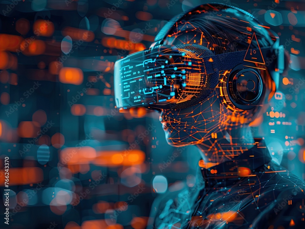 Virtual reality graduation scene, closeup on a graduates avatar with a ...