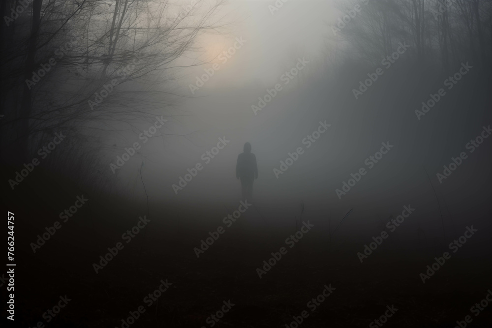 A mysterious shadow in the dense fog near a small village on the ...