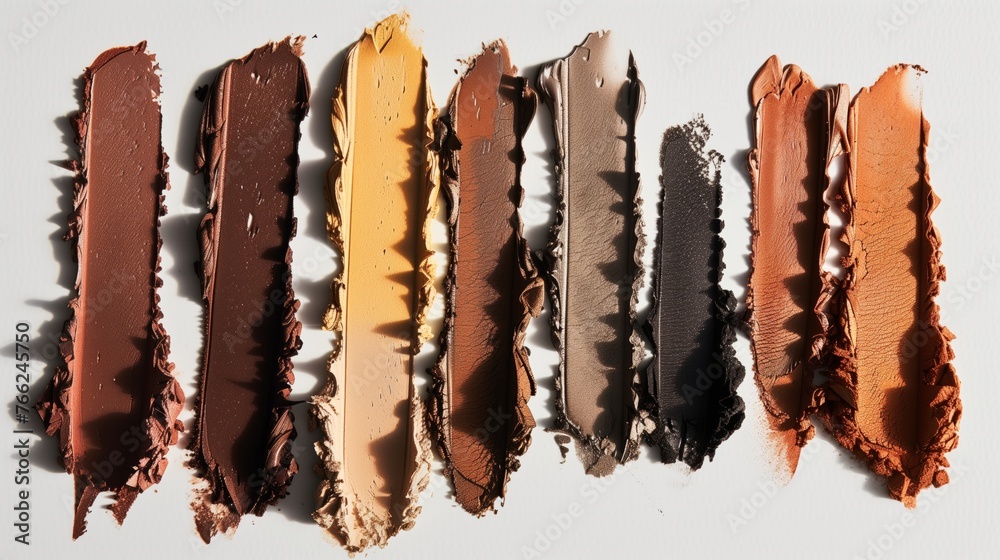 Swatches of cosmetic samples - cream, lipstick, eyeshadow, and blush ...