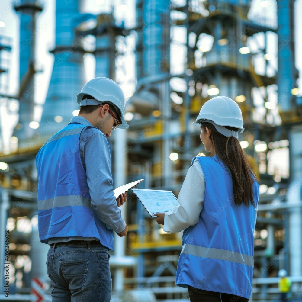 engineers use tablet and blueprints to analyze power plant data ...