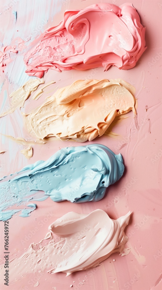 Swatches of cosmetic samples - cream, lipstick, eyeshadow, and blush ...