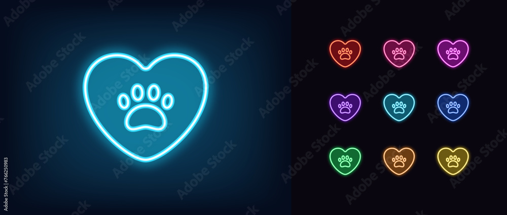 Outline neon pet love icon set. Glowing neon heart with animal paw. Pet ...