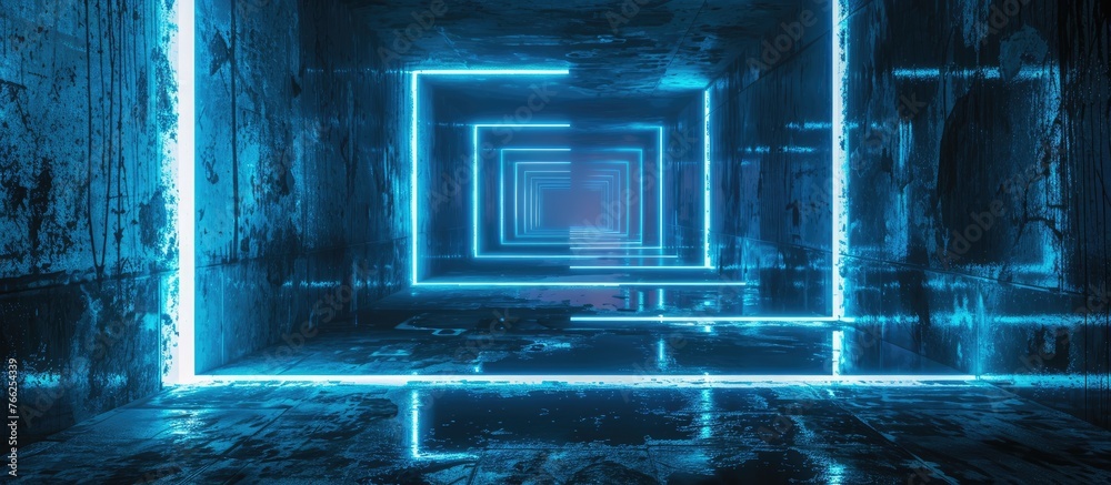 A dark room with neon lights shining through the walls, creating a symmetrical pattern of ...
