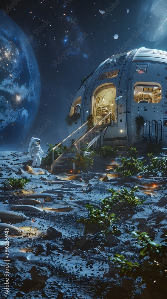 An astronaut steps down the staircase of a space habitat, set against a ...