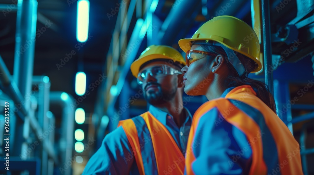 Industrial workers in safety vests and hard hats collaborating on a ...