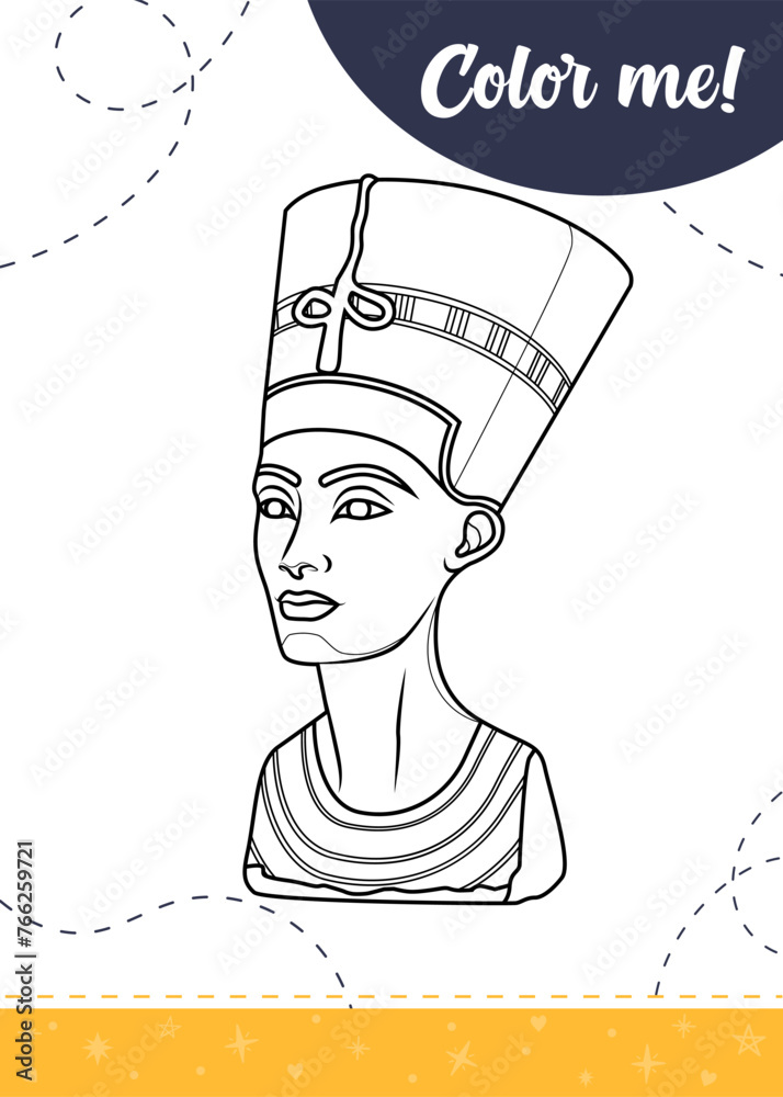 Coloring page for kids with the ancient Egyptian queen Nefertiti. A ...