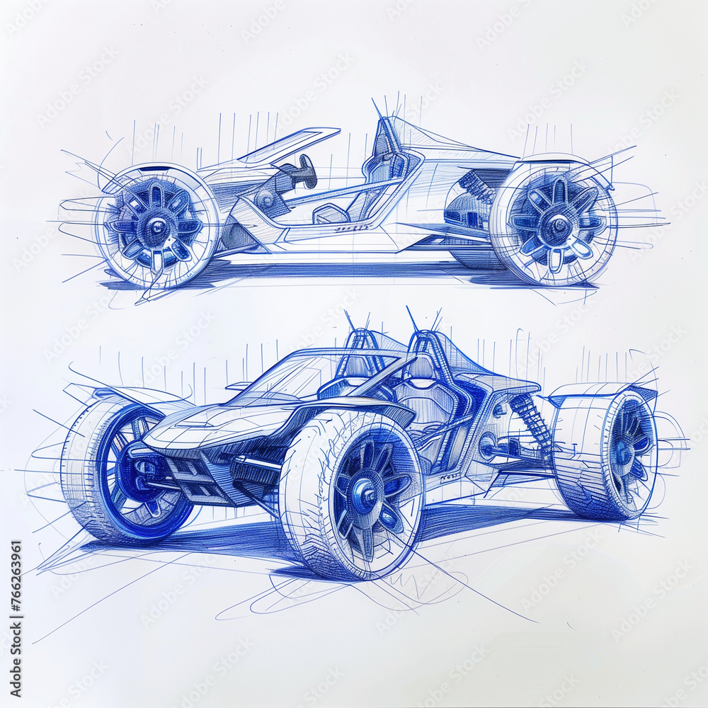 Detailed technical drawing of an open-top dune buggy, with blue lines ...