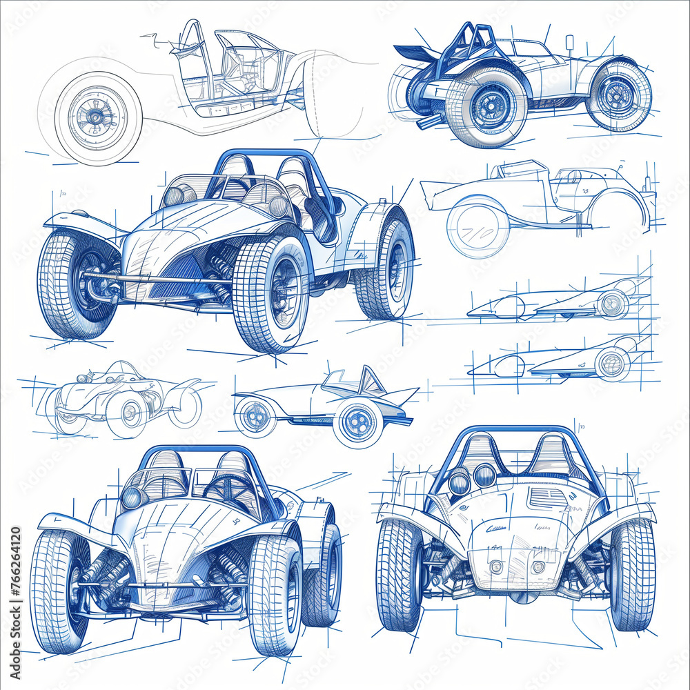 Detailed Technical Drawing Of An Open Top Dune Buggy With Blue Lines On White Paper Showcasing