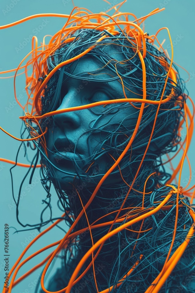 Woman entangled with orange and blue wires, concept of technology and ...