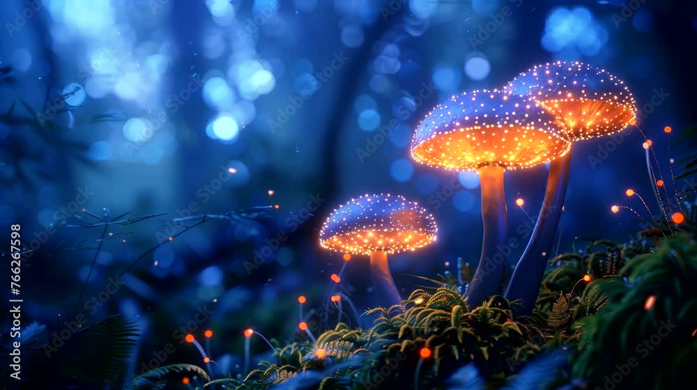 Luminescent Mushrooms Glowing in the Moonlight, Casting a Magical Aura ...