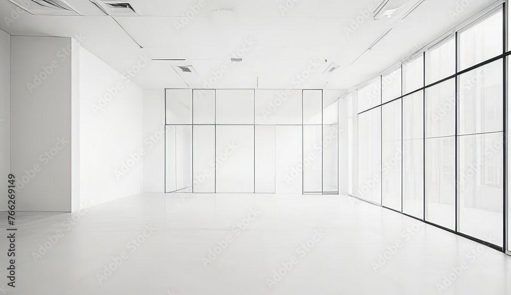 White room. white vacant building floor with black window frames and ...