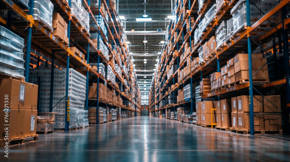 Gran almacén con muchas estanterías cajas y embalajes, pasillo ancho ...
