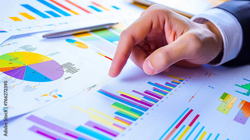 Financial overview of the hand pointing at a presentation chart on ...