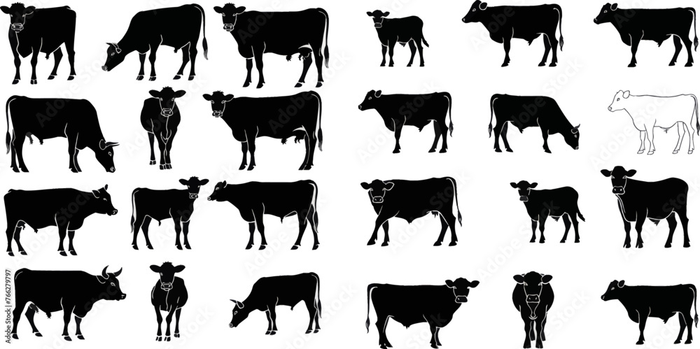 Farm livestock cow pictogram or countryside domestic milk cows, calf ...