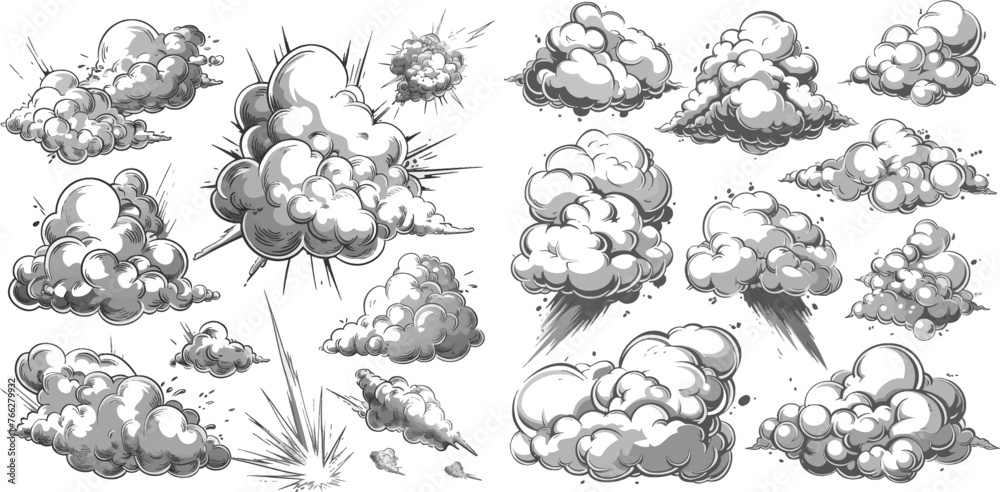 Cartoon fast motion clouds, smoke blast or puff cloud motions Stock ...