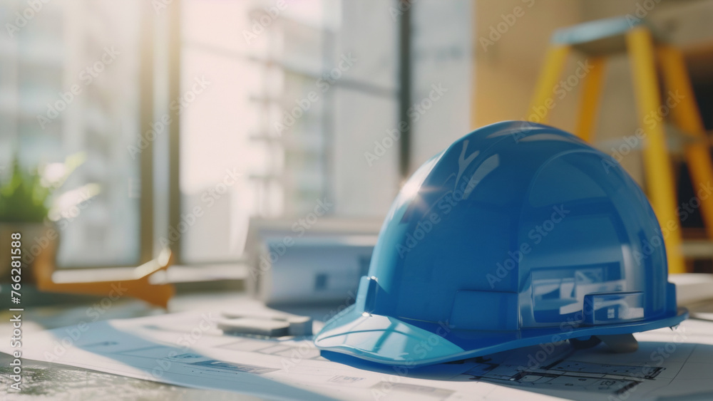 Blue hard hat on architectural blueprints, concept of construction ...