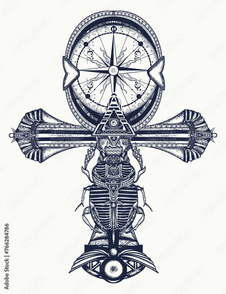 Ankh and compass tattoo. Ancient egyptian cross t-shirt design ...