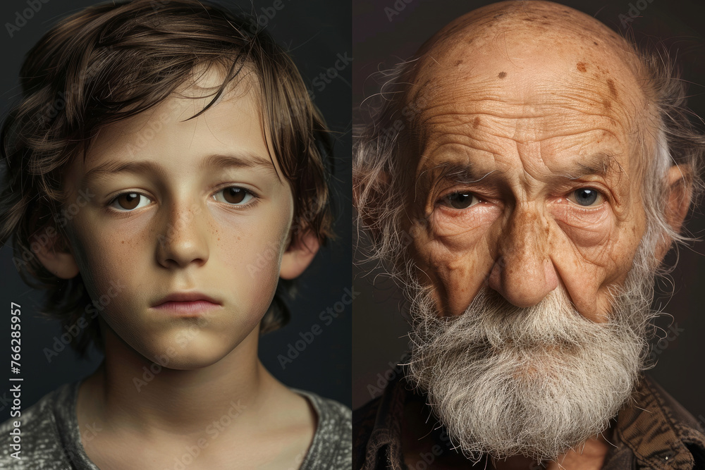 A young boy and an old man. The boy has a young face, while the old man ...