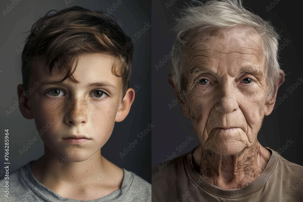 A young boy and an old man. The boy has a young face, while the old man ...